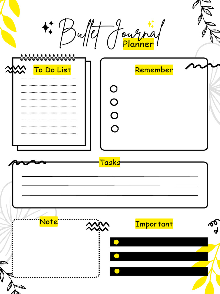 Black and Yellow Simple Bullet Journal Planner A4 Document | PDF