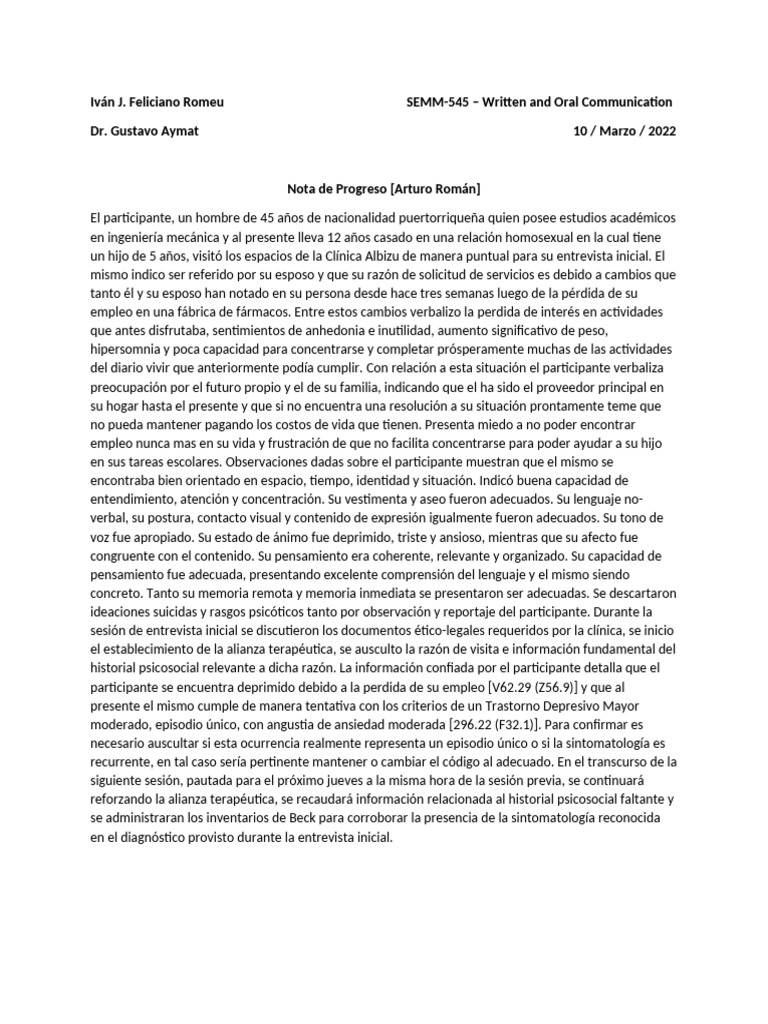 SEMM-545 - Nota de Progreso y Presentación de Caso [Iván J. Feliciano Romeu] | PDF | Depresión ...