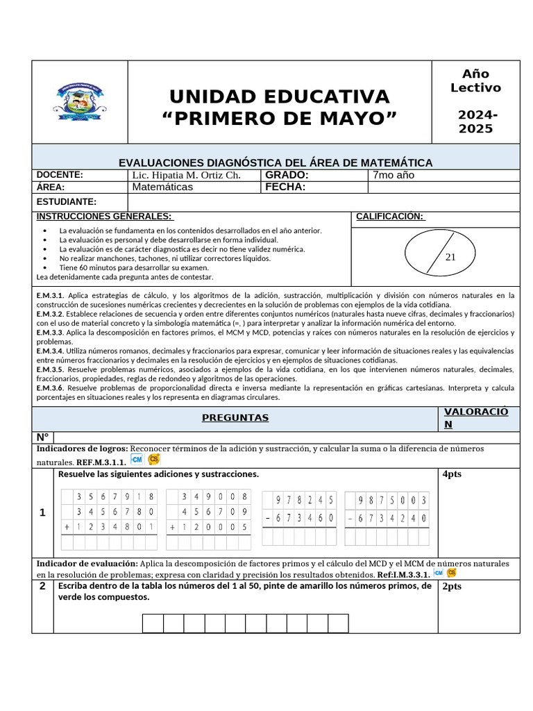 Evaluación Diagnóstica Matemáticas 7mo | PDF | Aritmética | Matemáticas