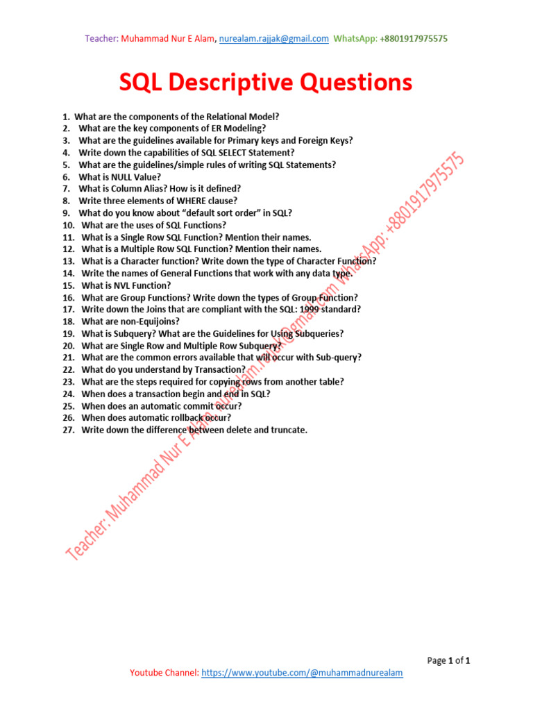 SQL Descriptive Questions-from-Muhammad Nur E Alam-for-DDD-60 | PDF
