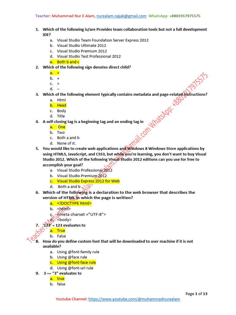 MCQ 4 From Nur E Alam ,HTML, CSS, JavaScript | PDF | Html Element | Html5