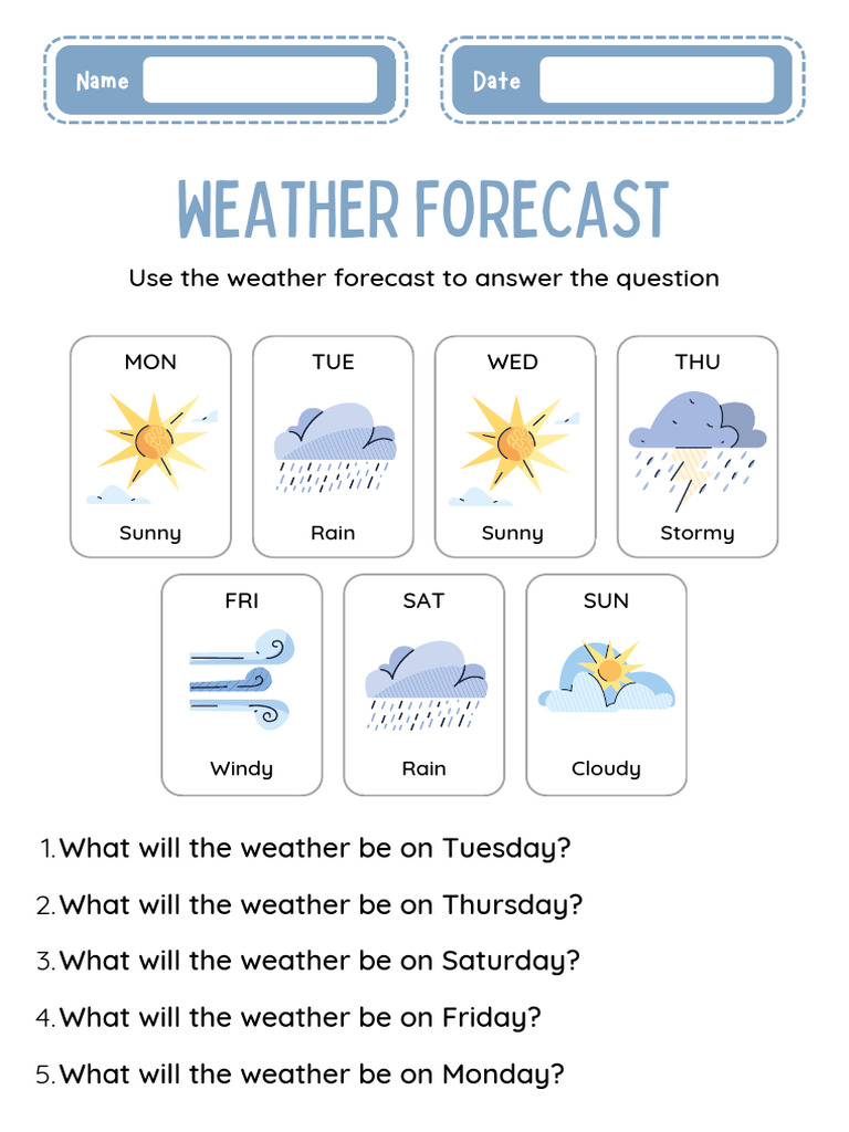 Blue Simple Weather Forecast Worksheet | PDF