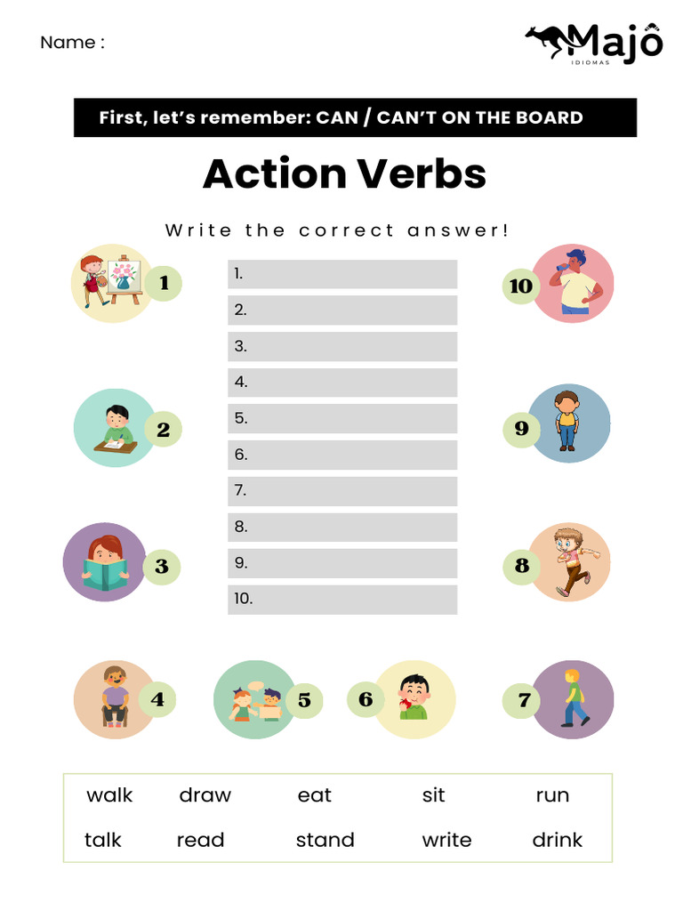 Action Verbs Worksheet for Kids | PDF