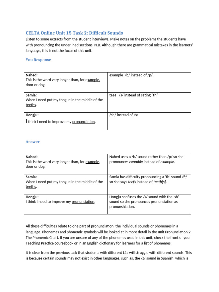 CELTA Online Unit 15 Task 2 - Difficult Sounds | PDF | English Language ...