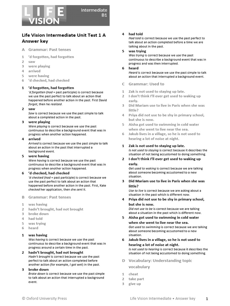 Lif Visi Int Unit 1a Answer Key | PDF