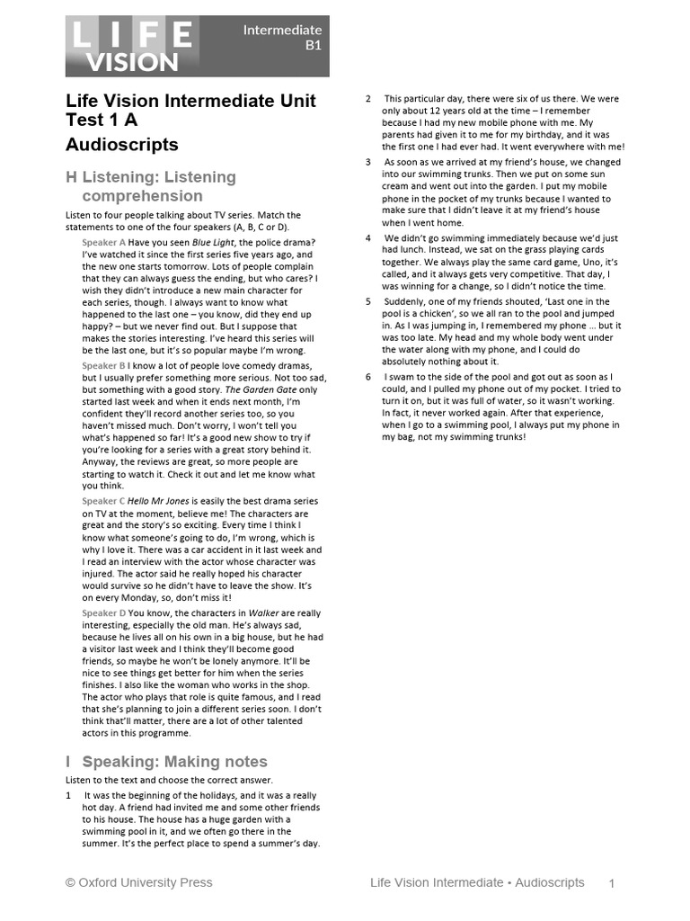 Lif Visi Int Unit 1a Audio Script | PDF
