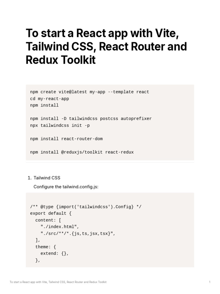 To Start A React App With Vite Tailwind CSS React Router and Redux Toolkit | PDF | Web ...