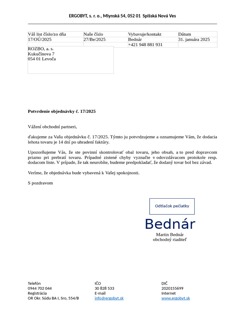 Objednávka Bednár | PDF