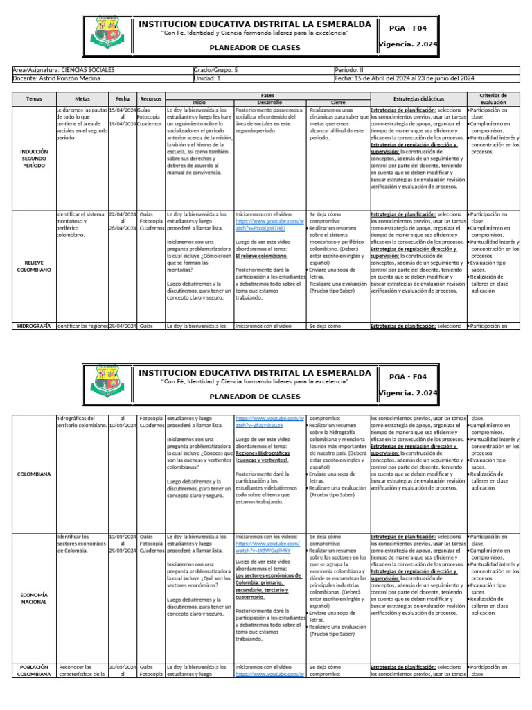 Planeador Ied La Esmeralda Ciencias Sociales Quinto Grado 2024 - Ii ...
