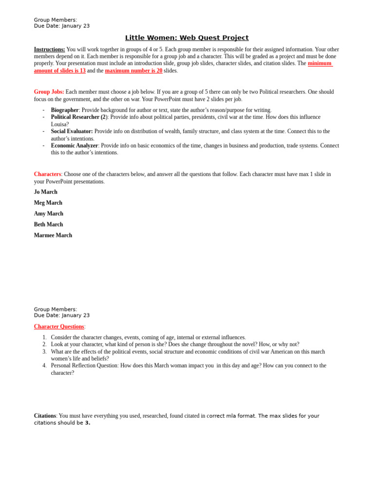 Little Women Web Quest Project Guide | PDF