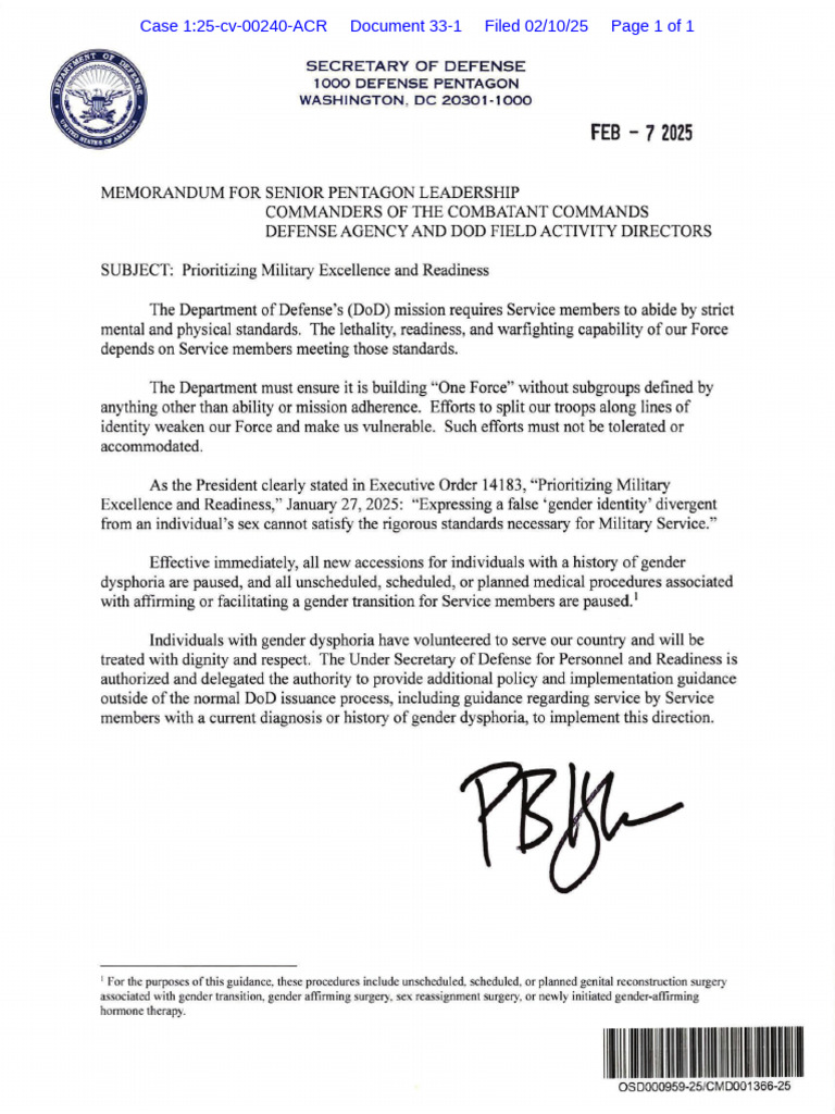 Hegseth Transgender Memo | PDF