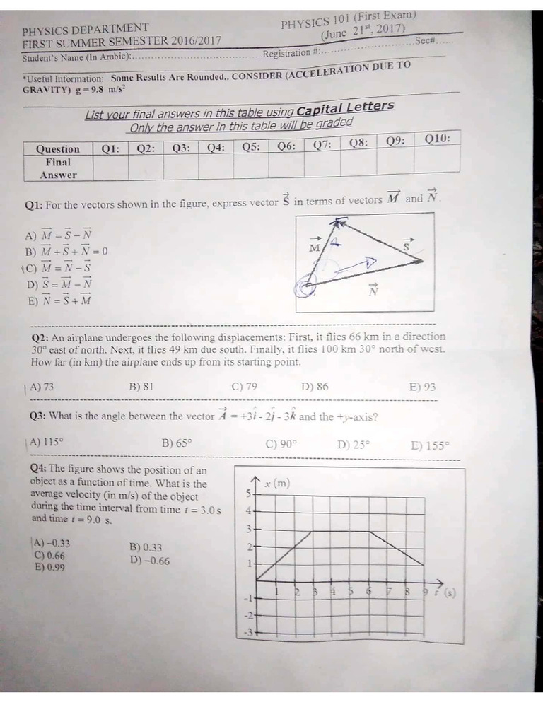 Phy 1 First Exam Summer 16 1 | PDF