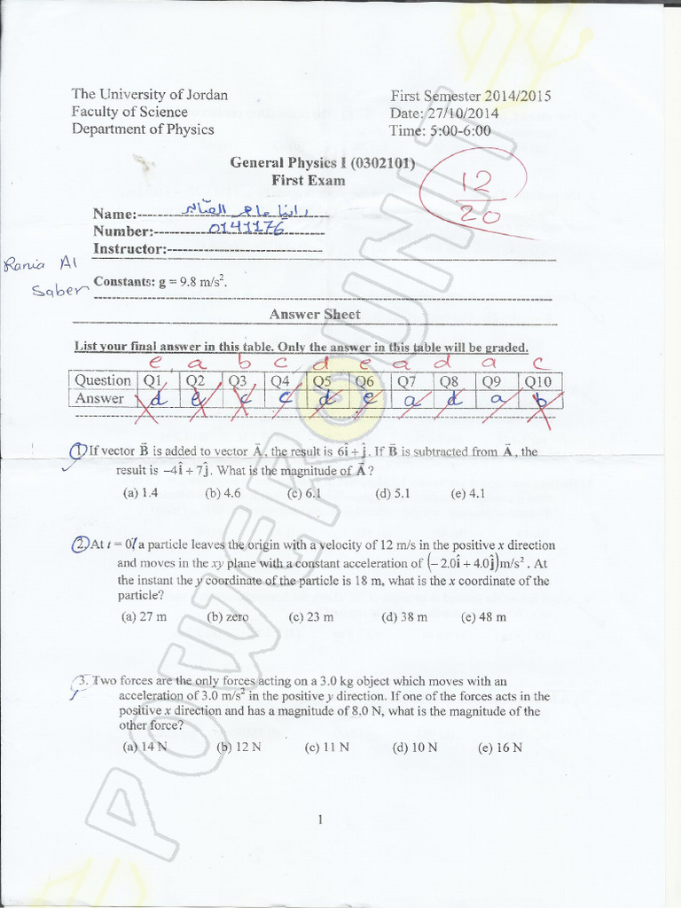 Physics 1 First Fall14 | PDF