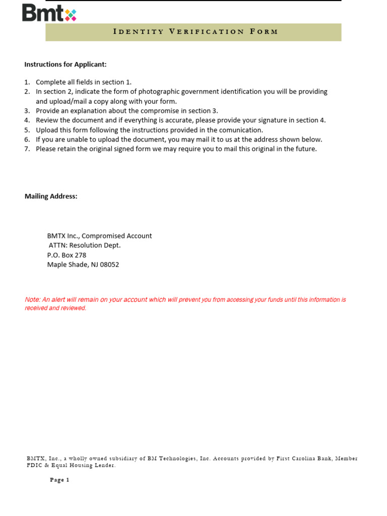 BankMobile Identity Verification Form | PDF | Identity Document | Authentication