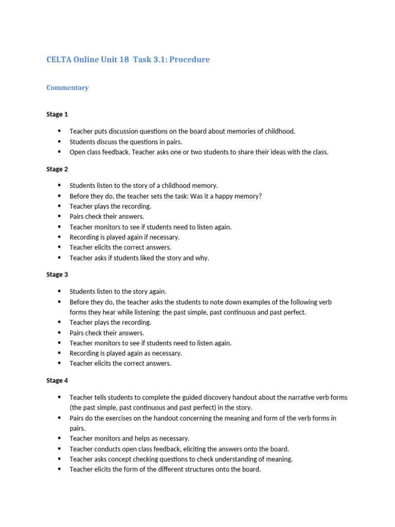 CELTA Online Unit 18 Task 3.1 - Procedure | PDF | Teachers | Cognition