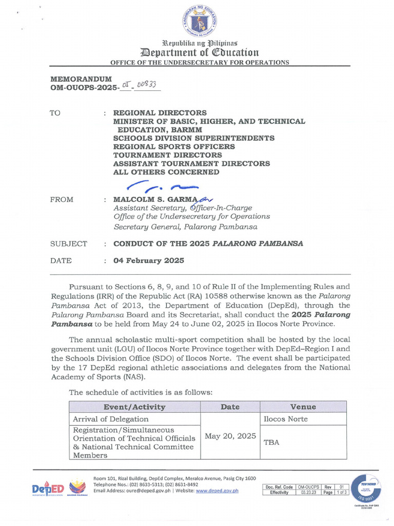 Memo Conduct of The 2025 Palarong Pambansa 2 1 | PDF