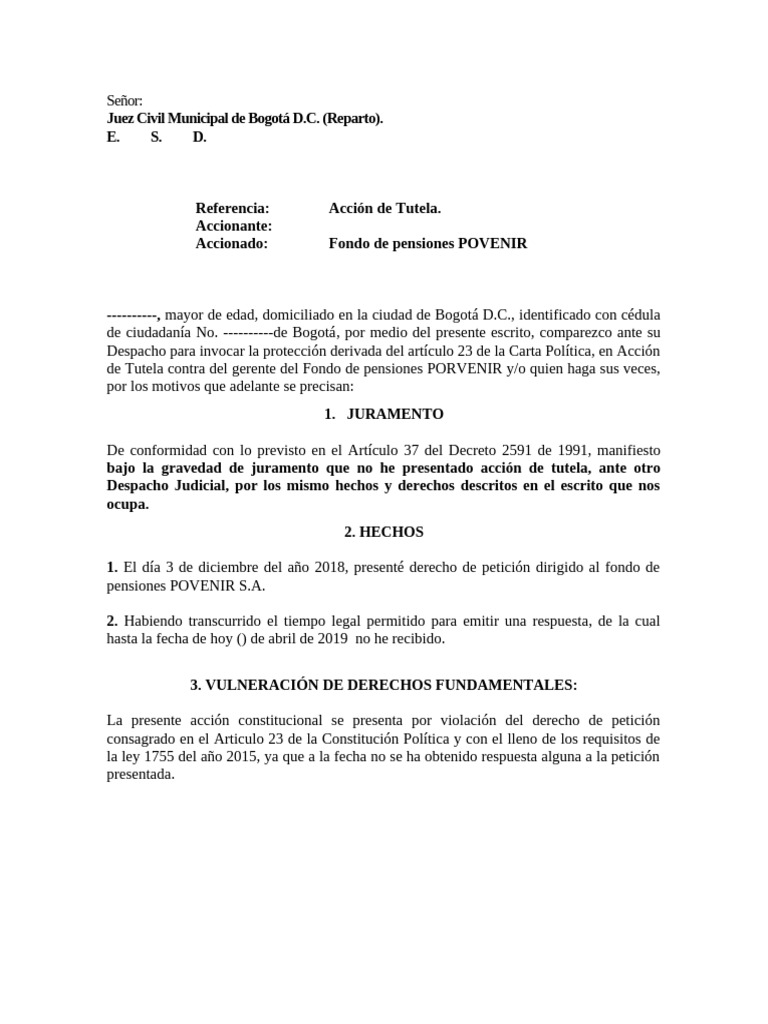 Accion de Tutela Por No Contestar Derecho de Petición | PDF | Petición ...
