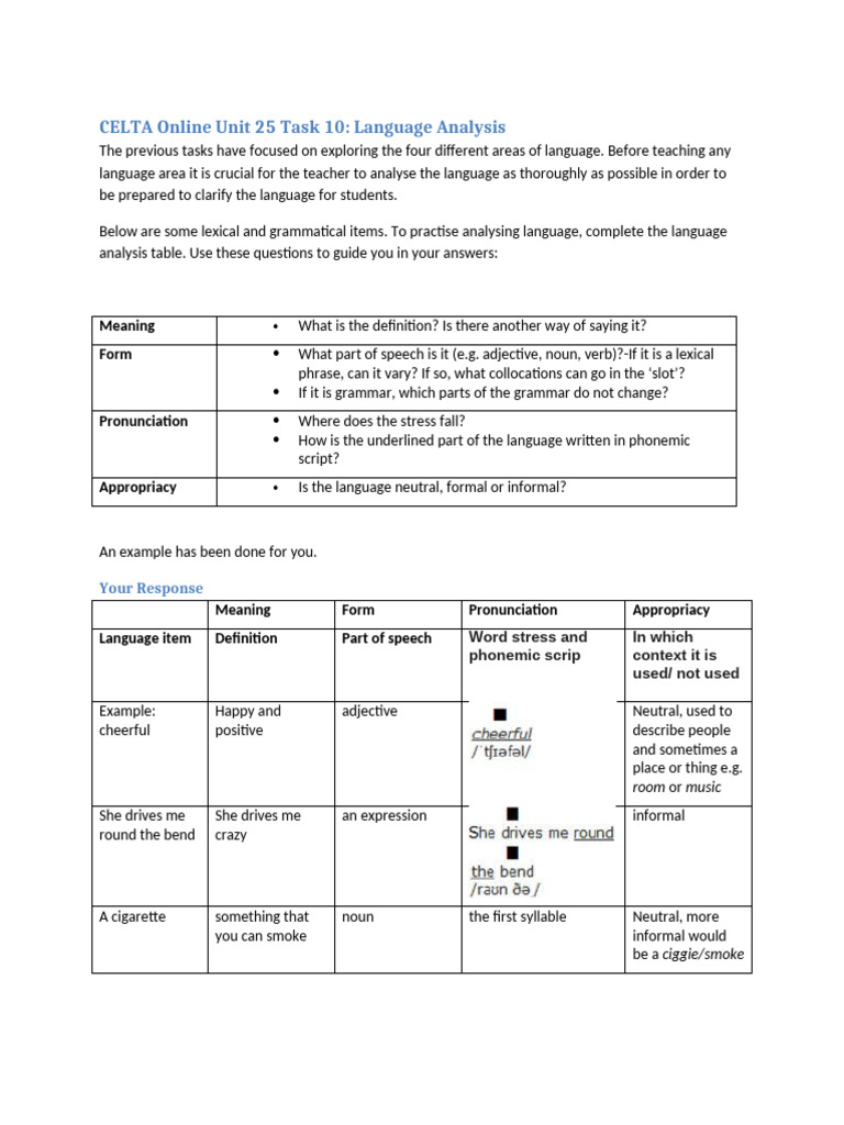 CELTA Online Unit 25 Task 10 - Language Analysis | PDF | Noun | Part Of Speech