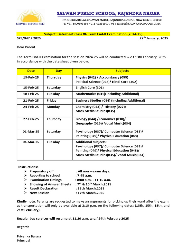 Datesheetterm Endii Examination Class Xi | PDF