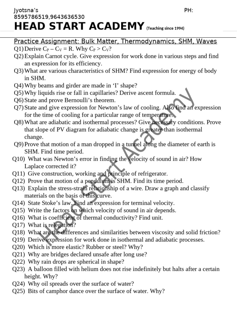 Practice Assignment - Bulk Matter, Thermodynamics, SHM, Waves | PDF | Continuum Mechanics ...