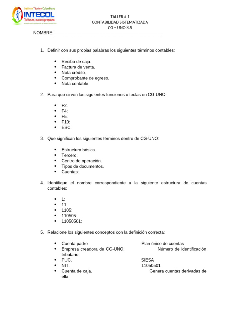 Taller de Contabilidad CG-UNO 8.5 | PDF