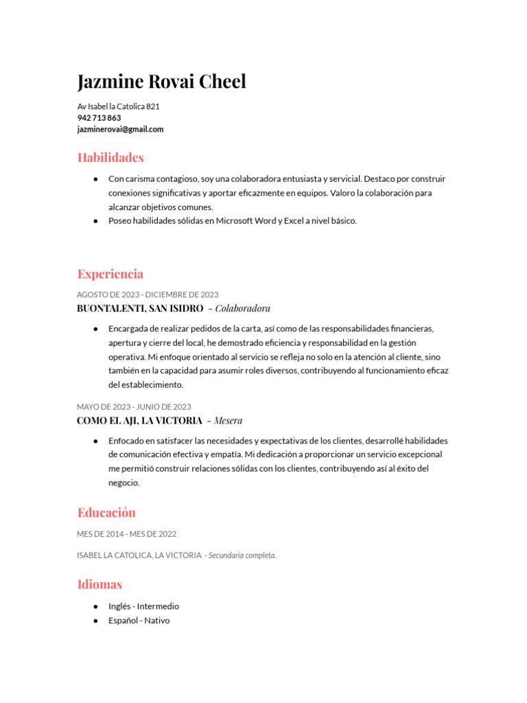 Perfil Profesional de Jazmine Rovai Cheel | PDF