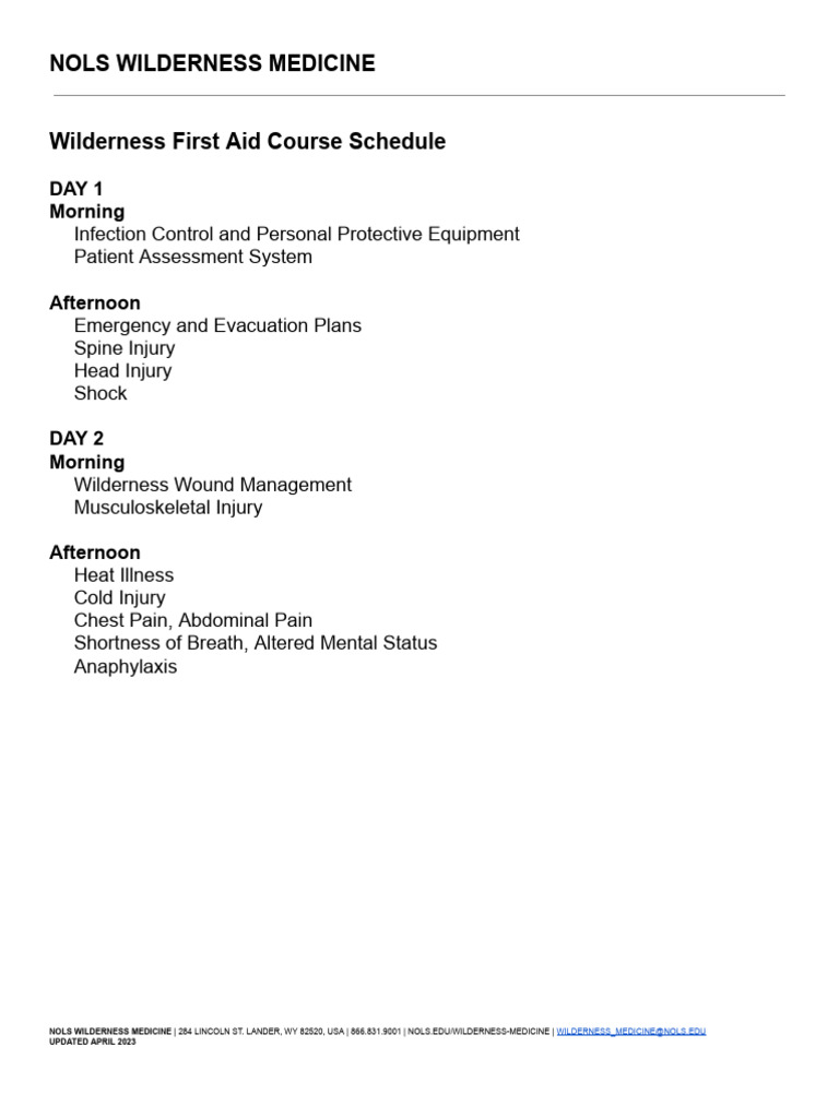Nols Wilderness First Aid Course Schedule - Revised April 2023 | PDF