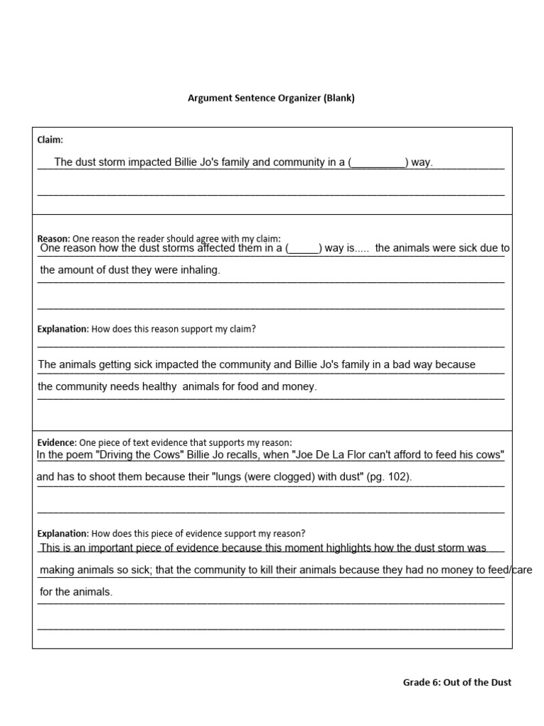 Argument sentence organizer handout (blank) | PDF