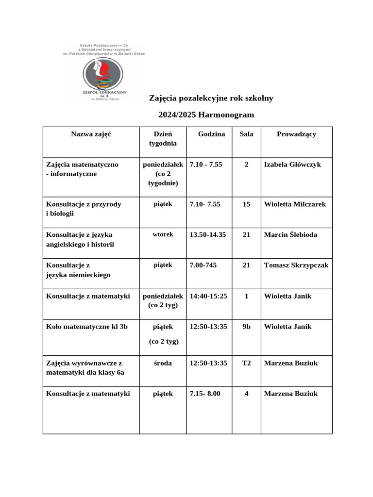 Zajecia Pozalekcyjne 2024 2025 | PDF