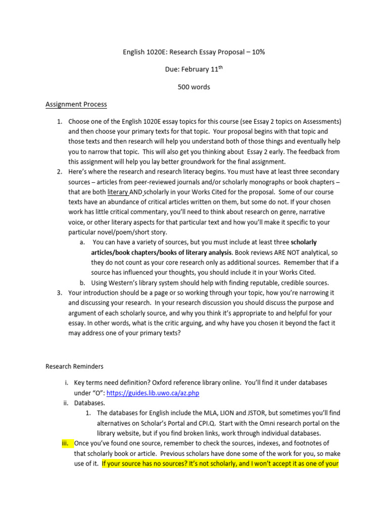 English 1020E Research Essay Proposal Guide | PDF | Essays | Books