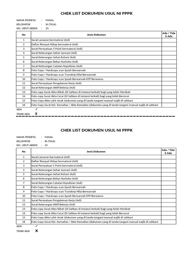 CEKLIS LEMBAR KENDALI DOKUMEN USUL NI PPPK (Contoh) - 1 | PDF