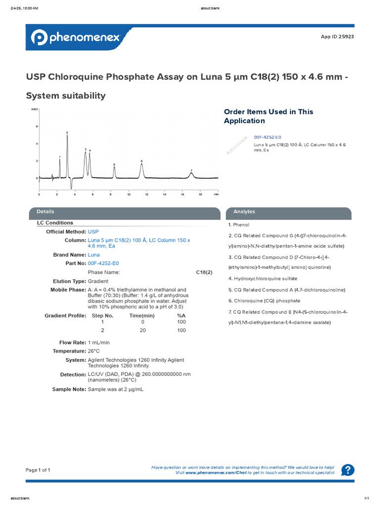 HPLC Application 25923 USP Chloroquine Phosphate Assay On Luna 5 M C18 ...