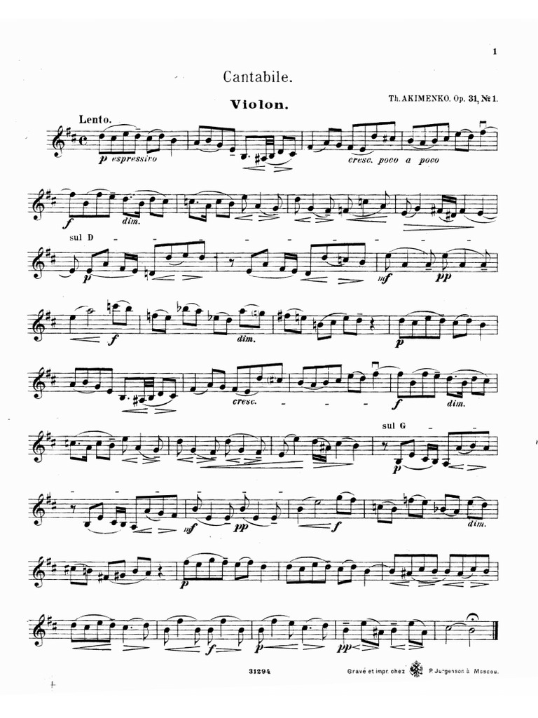 Akimenko. Cantabile. Violin Part. | PDF