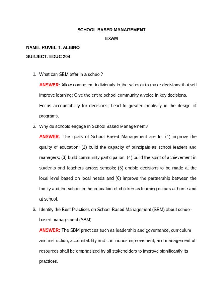 Educ 204 Exam-School-Based Management | PDF | Teachers | Governance