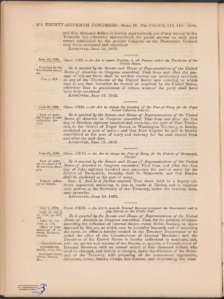 12 STATUTE 432 Revenue Act 1862 authentic gpo(1) | PDF | Cost Of Living ...