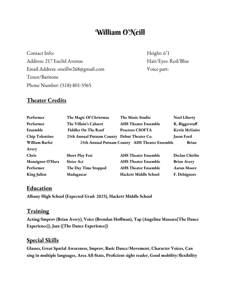 W. O'Neill Theater Resume | PDF