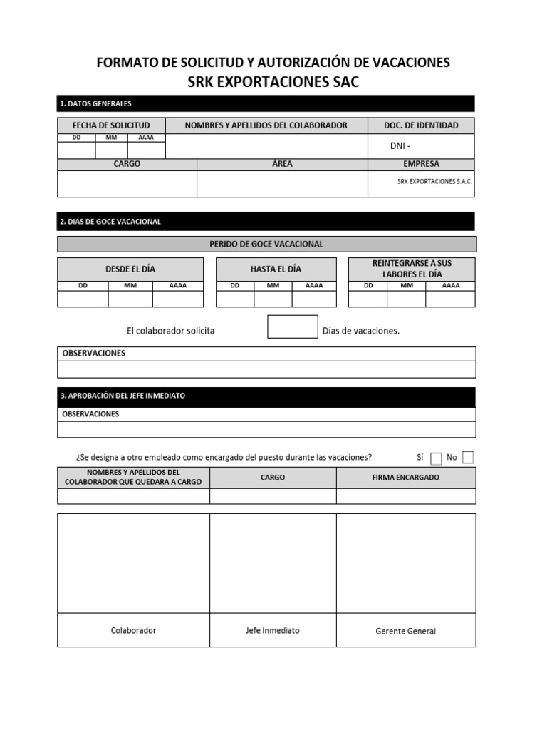 Formato de Solicitud Vacaciones SRK Export Ok | PDF