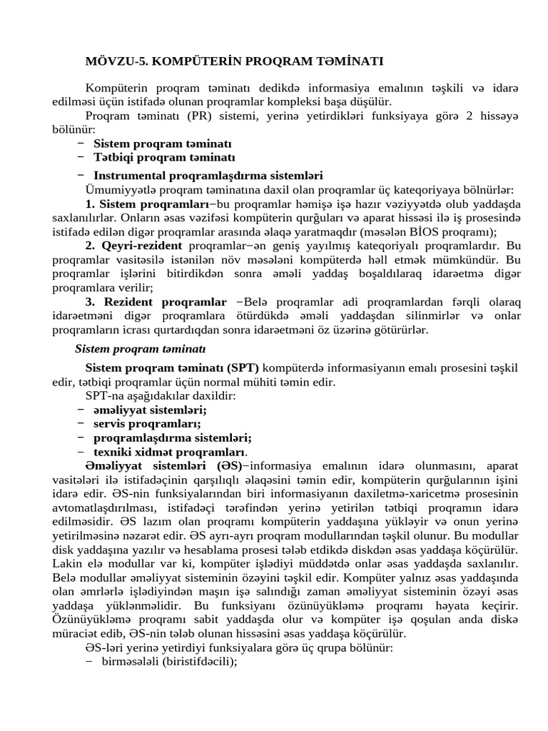 Mövzu-5 Kompüterin Proqram Təminatı | PDF