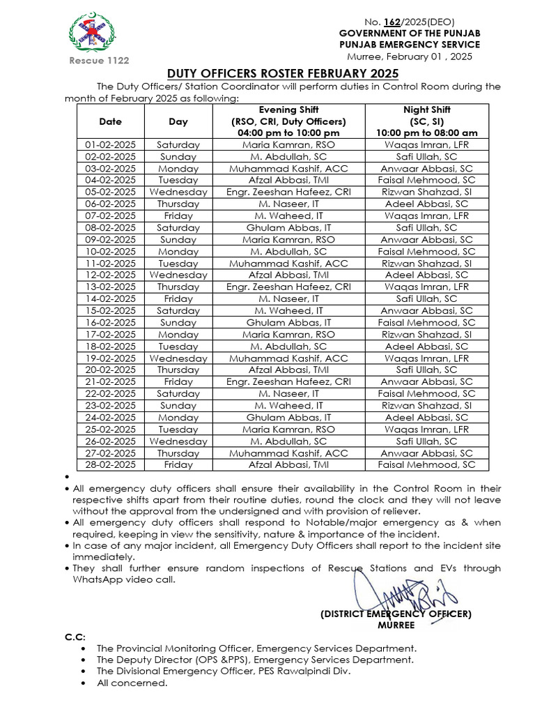 February 2025 Duty Officers Roster | PDF
