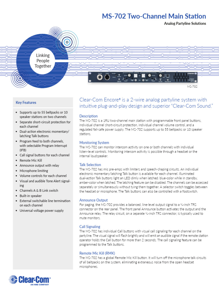 MS-702 MainStation Datasheet | PDF | Microphone | Headphones