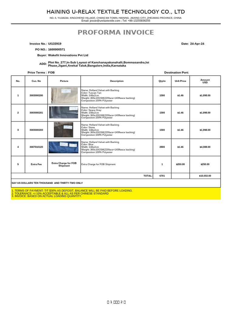 Proforma Invoice U RELAX UI133919 2024.4.24 | PDF | Arbitration ...