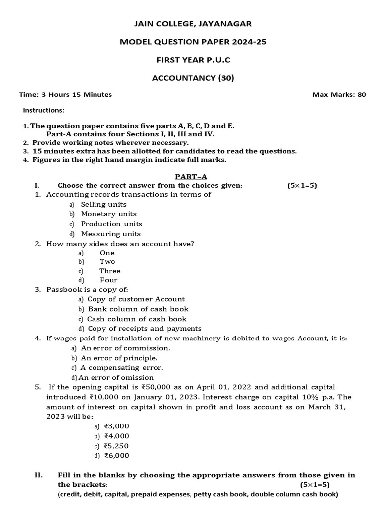 2024-25 1st PUC Accountancy Model Paper | PDF | Debits And Credits ...