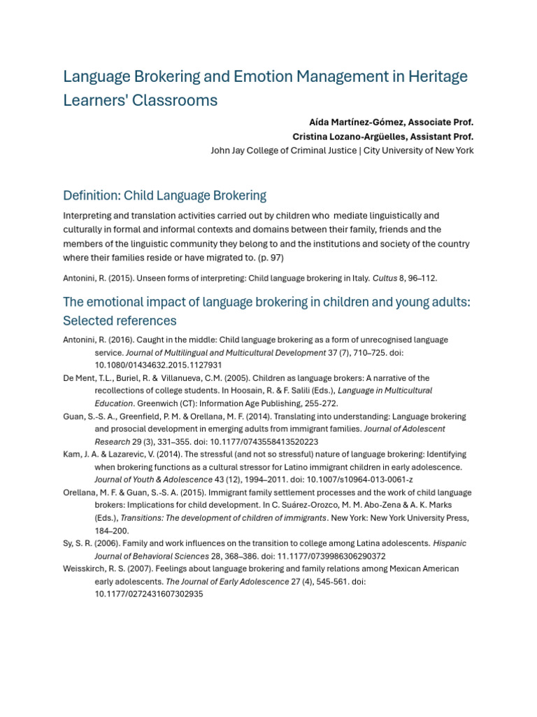 Language Brokering and Emotion Management in Heritage Learners ...