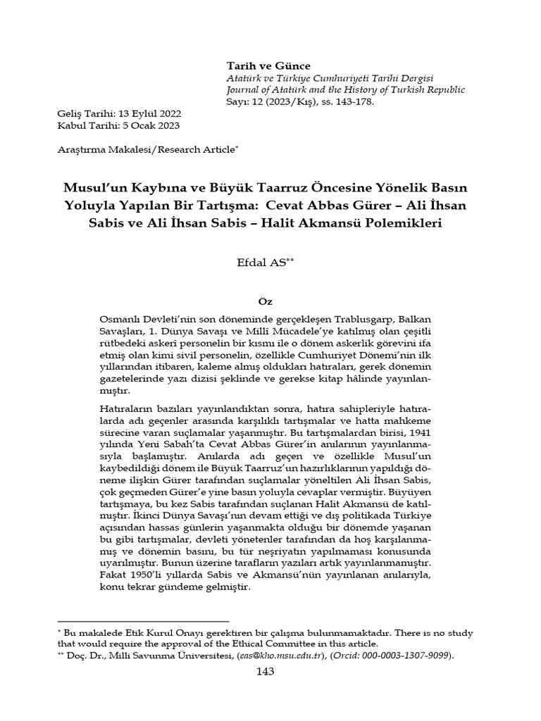 Musul Un Kayb Na Ve B y K Taarruz Ncesine Y Nelik Bas N Yoluyla Yap Lan Bir Tart Ma Cevat Abbas ...