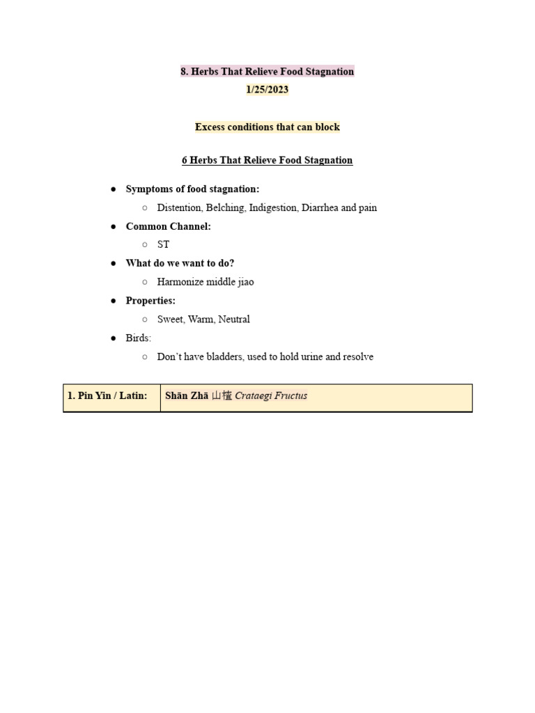Week 4. (8) Herbs That Relieve Food Stagnation | PDF | Diarrhea | Digestion