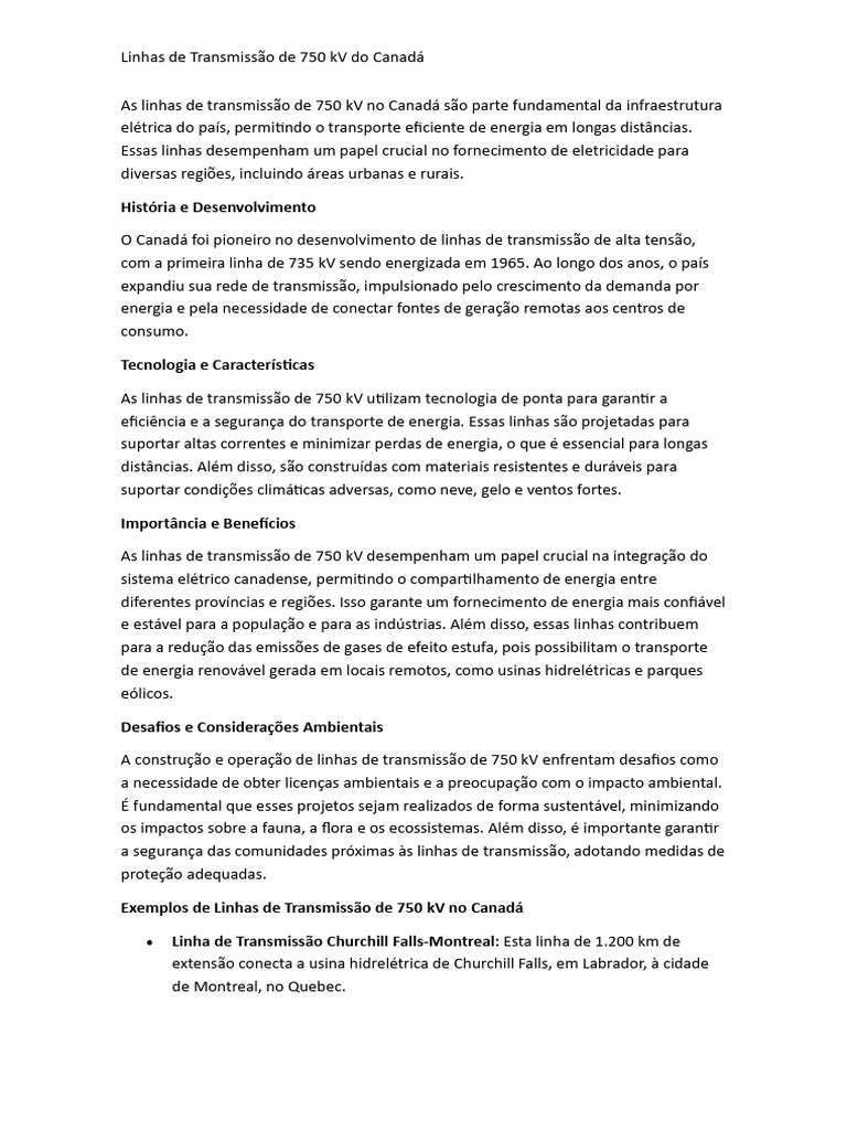 Linhas de Transmissão 750 kV no Canadá | PDF | Transmissão de energia ...
