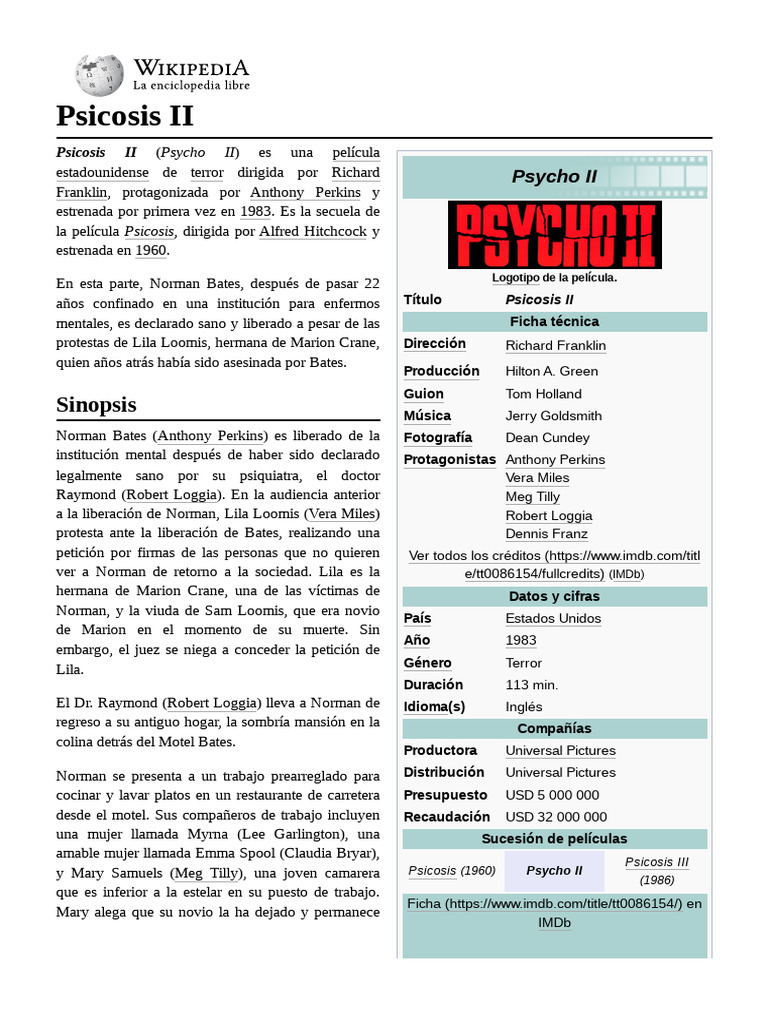 Secuela de Psicosis: Psycho II | PDF