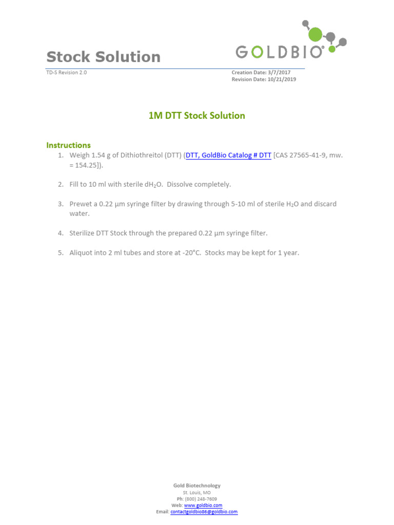 DTT Stock Solution Preparation | PDF