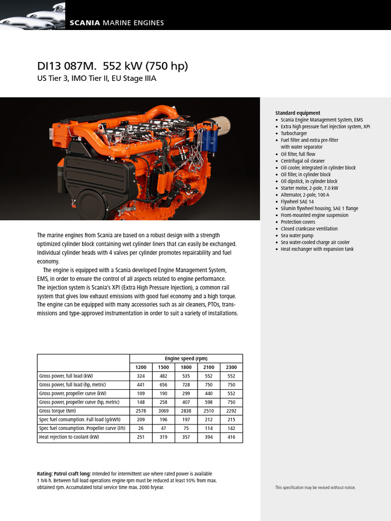 Scania DI13 Marine Engine Specs | PDF | Horsepower | Engines