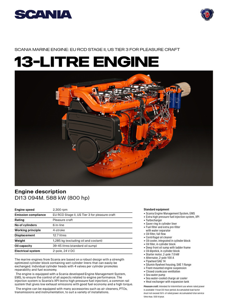 Scania DI13 800 HP Marine Engine Specs | PDF | Engines | Horsepower